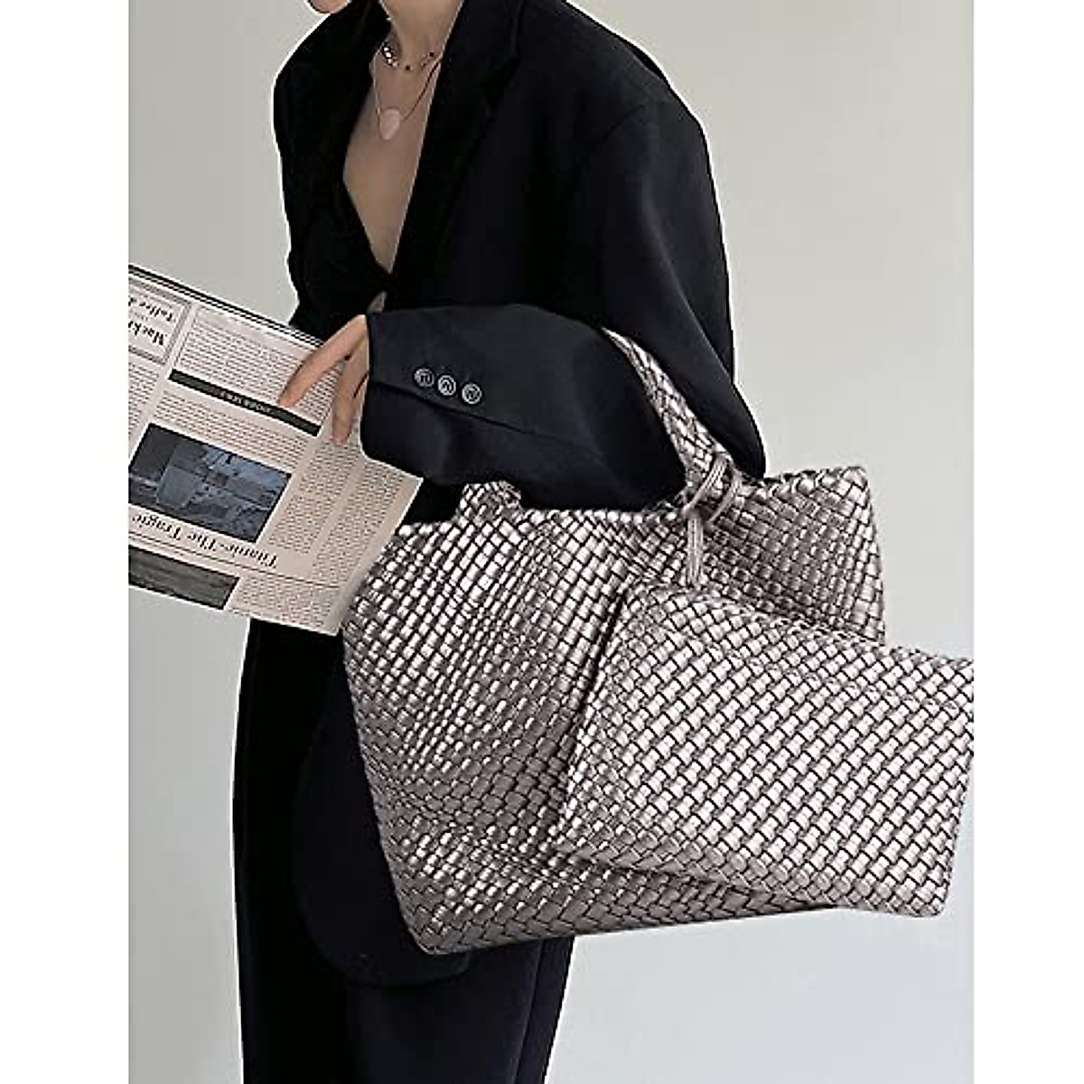 Woven Tote Bag, Women Macaron Soft Leather Weave Handbag Purse Wrist Bag Large Capacity Work Shopping Travel Daily (Silver)