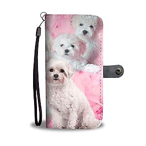 Dog Print Phone Case, Cute Bolognese Dog Print Smartphone iPhone Wallet Case. Stunning Faux Leather Wallet Phone Cover/Stand for Samsung Galaxy, iPhone 6/7/8/X with RFID Protection
