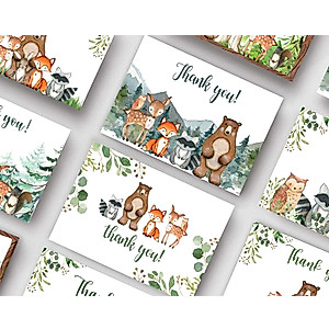 50 Woodland Thank You Cards, 4x6" Forest Animals Thank You Notes with Matching Green Envelopes & Stickers, Greenery Notecards, Woodland Baby Shower Thank You Cards