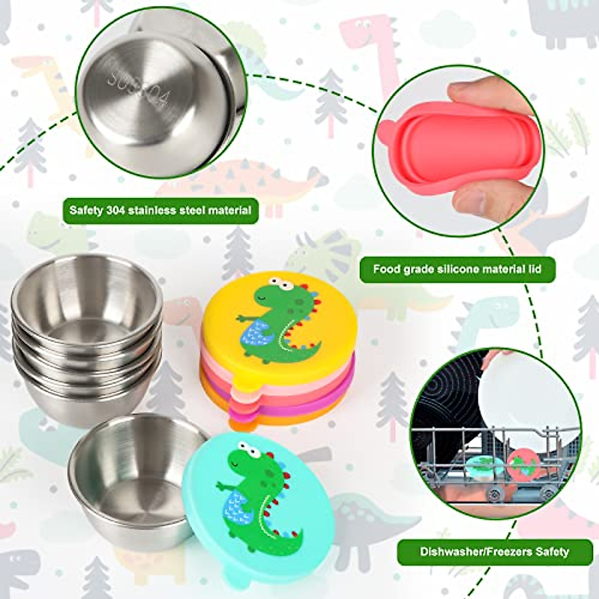 6PCS Kid Condiment Sauce Containers, 1.9oz/55ml Salad Dressing Containers To Go, Reusable Ketchup Condiment Storage Container and Silicone Lid Bento Box Accessories for Lunch Box Picnic(Dinosaur)