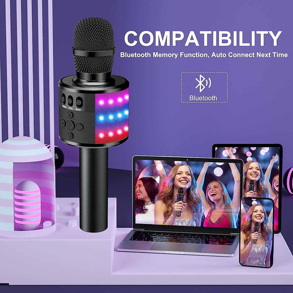BONAOK Bluetooth Wireless Karaoke Microphone with LED Lights,4-in-1 Portable Handheld Mic with Speaker Karaoke Player for Singing Home Party Toys Birthday Gift for Kids Adults Girls Q78(Black)