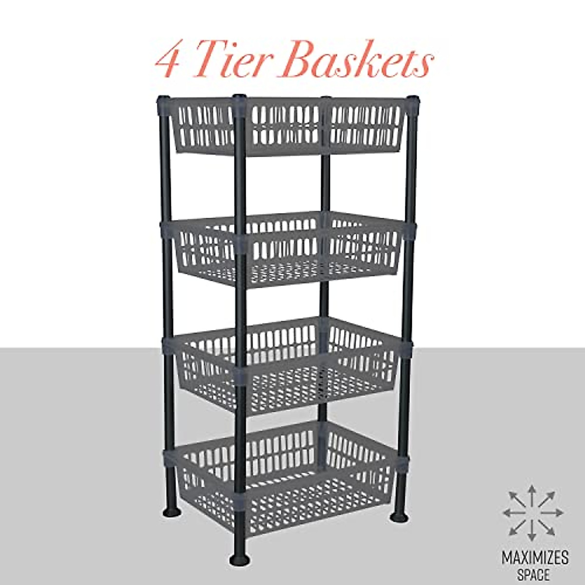 Kitchen Details 4 Tier Slim Basket Shelf Rack | Storage & Organizer | Kitchen | Bathroom | Laundry Room | Office | Good for Food and Kitchen Supplies | Smoke Grey