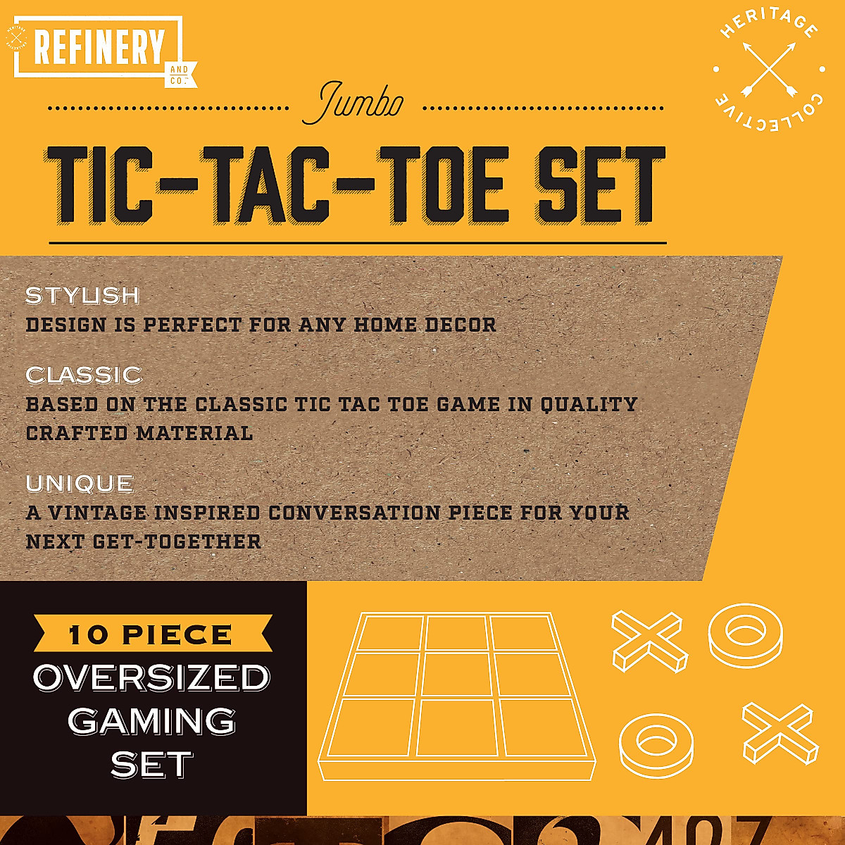 Refinery Premium Solid Wood Tic-Tac-Toe Board Game, Giant Gold 14” Coffee Table Home Decor, Classic Indoor/Outdoor Party Game for Children & Adults