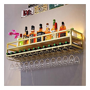 PENGFEI LED Wine Rack Wall Mounted, Industrial Metal Hanging Wine Bottle & Glass Holder, Large Floating Shelves Wine Bottle Organizer Goblet Rack for Home Bar Dining Room Decor