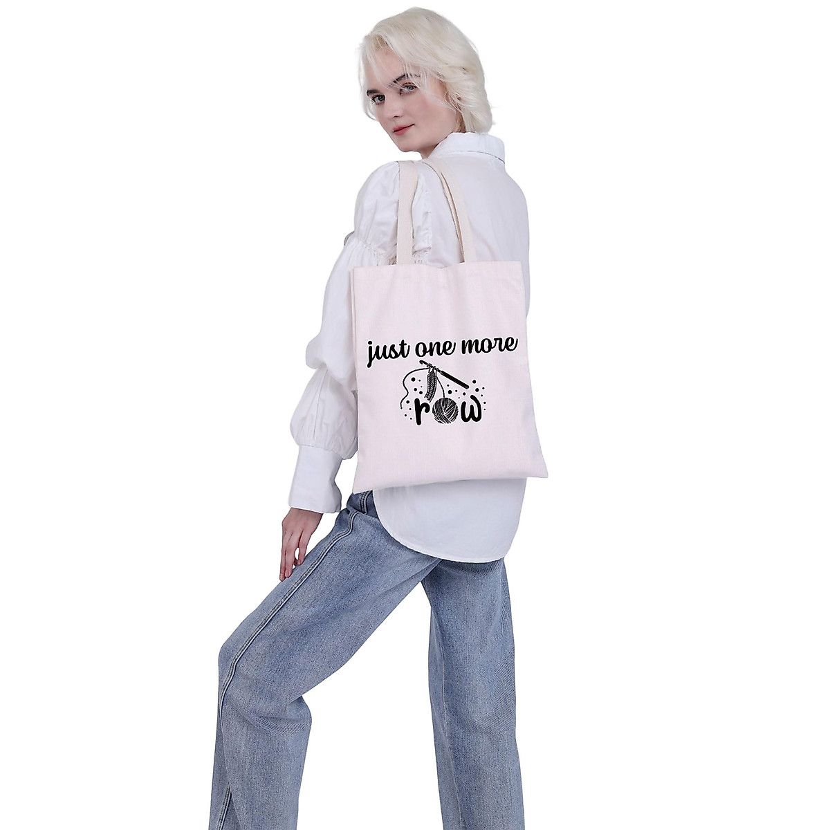 VAMSII Funny Knitting Bag Small Yarn Bag Just One More Row Crochet Knit Lover Travel Organizer (Tote)