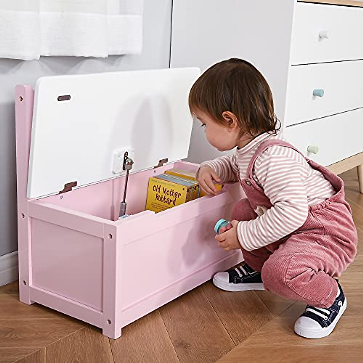 Qaba 2-in-1 Kids Wooden Toy Organizer Chest Storage Box with Seat Bench Cabinet Chunk Cube with Safety Pneumatic Rod Pink