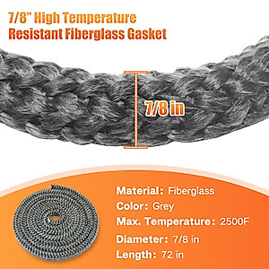 Wood Stove Gasket (7/8" x 72" Rope), Wood Stove Door Gasket, Grey Color Fiberglass Gasket, Wood Stove Door Seal, 7/8 in High Temperature Resistant Wood Stove Gasket Rope