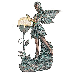 TERESA'S COLLECTIONS Large Garden Fairy Outdoor Statue, Solar Garden Sculptures & Statues with Crackle Glass Globe, Bronze Patina Garden Art for Lawn Patio Balcony Decor 13.2 inch