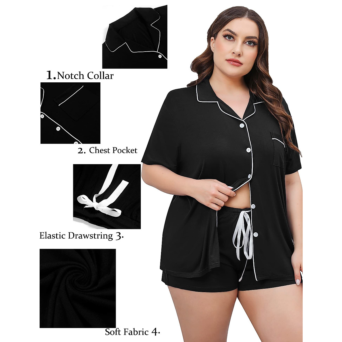 SWOMOG Women's Plus Size Pajamas Set Button Down Tops Short Sleeve Sleepwear Soft Pajama Shorts 2 Pcs Lounge Sets With Pocket Black