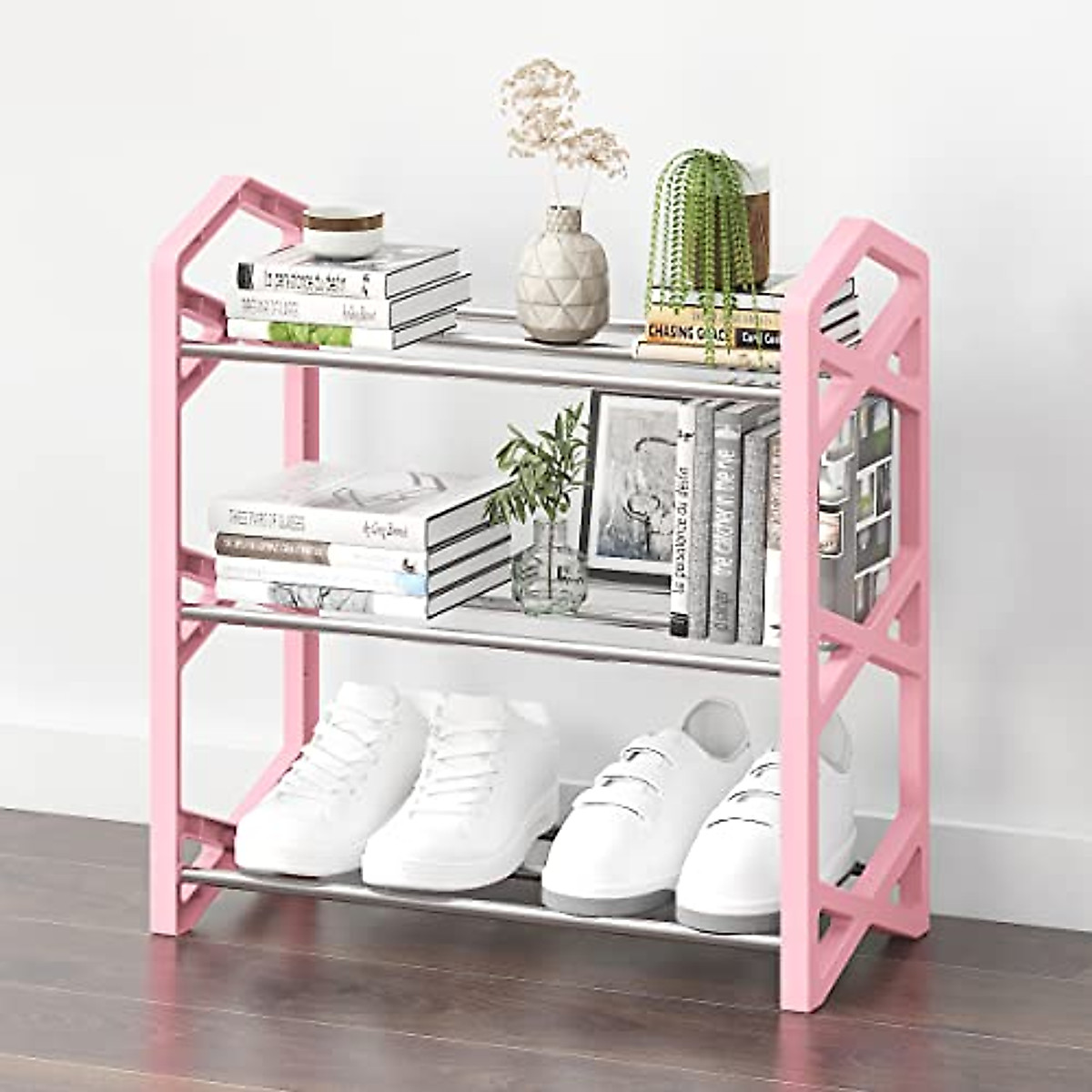 SHELAKET Upgrade 3-Tier Small Shoe Rack, Metal Lightweight 5-7 Pairs Shoe Shelf Storage Organizer for Entryway, Hallway and Closet（Pink）
