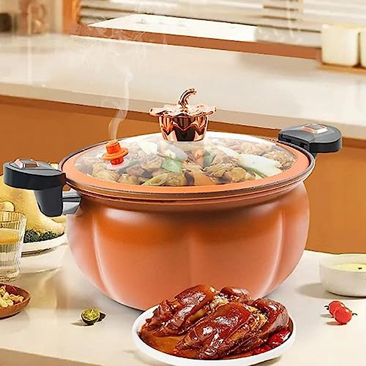 Multifunctional Plumpy Non-stick Micro Pressure Pot, 8L Large Capacity Pumpkin Micro Pressure Pot, Easy To Clean Micro Pressure Cooker for Kitchen (Orange)