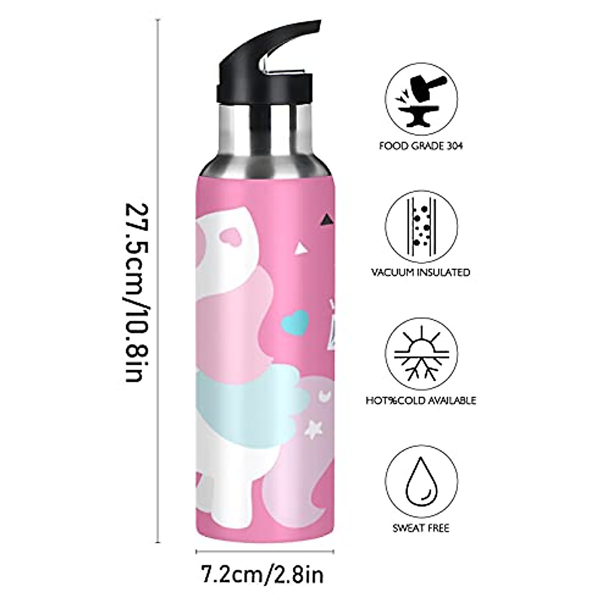 Cute Unicorn Pink Kids Water Bottle Thermos with Straw School Vacuum Insulated Stainless Steel Thermos Bottle Cup Leakproof Sport Travel Cup Mug Handle for Girls Women Biking 20 OZ