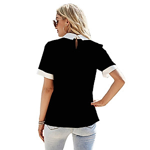 Verdusa Women's Colorblock Contrast Polo Collar Short Sleeve Blouse Shirt Top Black and White M