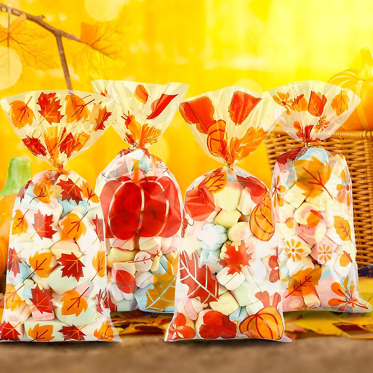 BOEIAC Thanksgiving Treat Bags,100 Pcs Thanksgiving Fall Cellophane Treat Bags, Plastic Autumn Maple Leaves Pumpkin Candy Goodie Bags with Twist Ties for Thanksgiving Fall Theme Party Favor