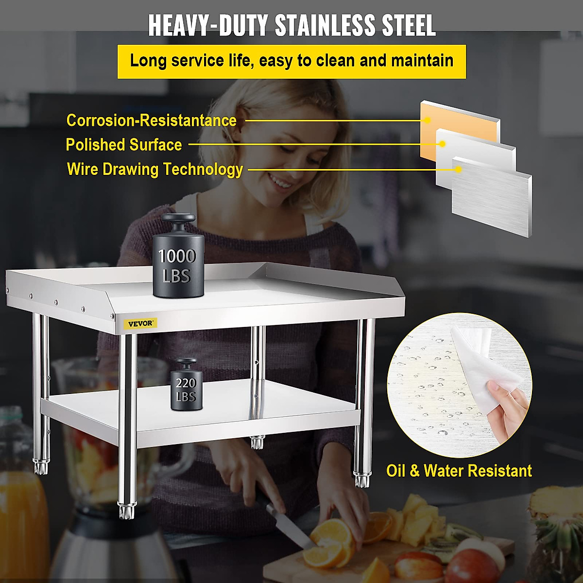 VEVOR Stainless Steel Equipment Grill Stand, 48 x 30 x 24 Inches Stainless Table, Grill Stand Table with Adjustable Storage Undershelf, Equipment Stand Grill Table for Hotel, Home, Restaurant Kitchen