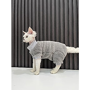 WQCXYHW Sphynx Hairless Cat Clothes Winter Soft Faux Fur Four Leg Jumpsuit Outfit High Collar Pullover Comfortable Pajamas Cat Apparel Pet Clothes (XXL(11-15lbs), Gray)