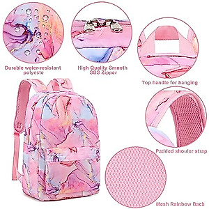 Bluboon Teen Girls School Backpack Kids Bookbag Set with Lunch Box Pencil Case Travel Laptop Backpack Casual Daypacks (Marble Pink-Blue)