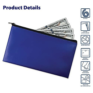 6 Pack, Zippered Security Bank Deposit Bag, by Better Office Products, Leatherette, Cash Bag, Coin Bag, Utility Pouch, Blue, 6 Bags