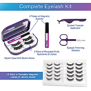 Asani Magnetic Eyeliner and Eyelashes Kit, 10-Pair Reusable Natural Magnetic Lashes, 2 Pair Fluffy magnetic Eyelashes, 2 Tubes of Magnetic Eyeliner with Scissors Tweezers & Mirror Case