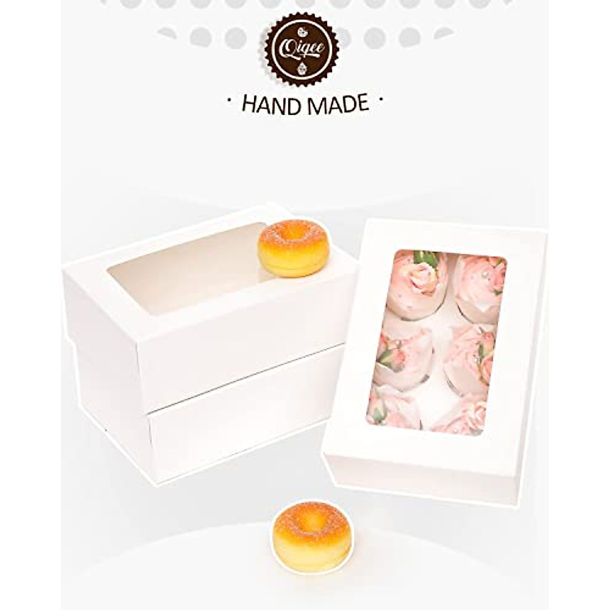 qiqee White 6 Cupcake Boxes with Window Auto-pop up 30 Packs Cupcake Box 9"x6.1"x3.3" Bakery Boxes For Cupcakes Carrier, Cupcake Containers