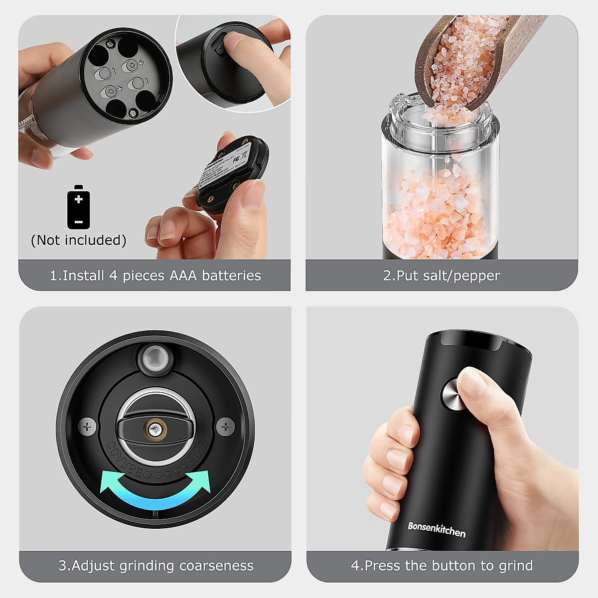 Bonsenkitchen Electric Salt and Pepper Grinder Set, Battery Operated(Not Included),2 Pack Automatic Salt & Pepper Mill Shakers with LED Light, Adjustable Coarseness, Storage Base, 95ml Large Capacity