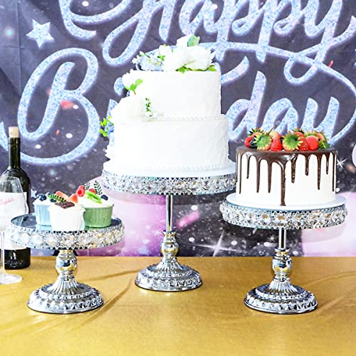 FEICTPOX Cake Stand Set for Dessert Table Metal Cake Stands with Crystal Cupcake Display Stand,Silver