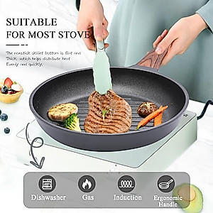 Vinchef 10 Inch Aluminum Nonstick Grill Pan for Stove Tops|Round Grill Pan With Wooden Stay Cool Handle|Induction Compatible