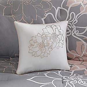 Madison Park Lola Sateen Cotton Comforter Set-Casual Medallion Floral Design All Season Down Alternative Bedding, Shams, Bedskirt, Decorative Pillows, Queen, Grey/Blush 7 Piece