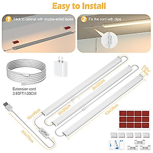 Lacoco Under Cabinet Lights Plug in, 12 Inch Dimmable Bright Cabinet Lighting 3 Colors Temp Linkable Led Strip Bar with APP Remote Control, Under Counter Lights for Kitchen Closet Workbench