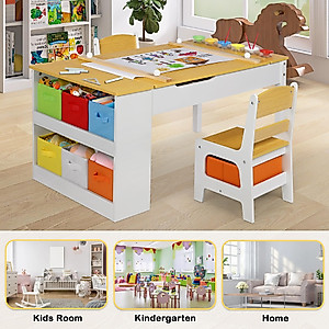 TODEFULL Kids Art Table and Chairs Set, 2 in 1 Kids Art Table, Wooden Activity Table with 2 Chairs, 8 Storage Canvas Bins, 6 Paint Cups and Paper Roll, Large Storage Desk for Writing Drawing, Natural