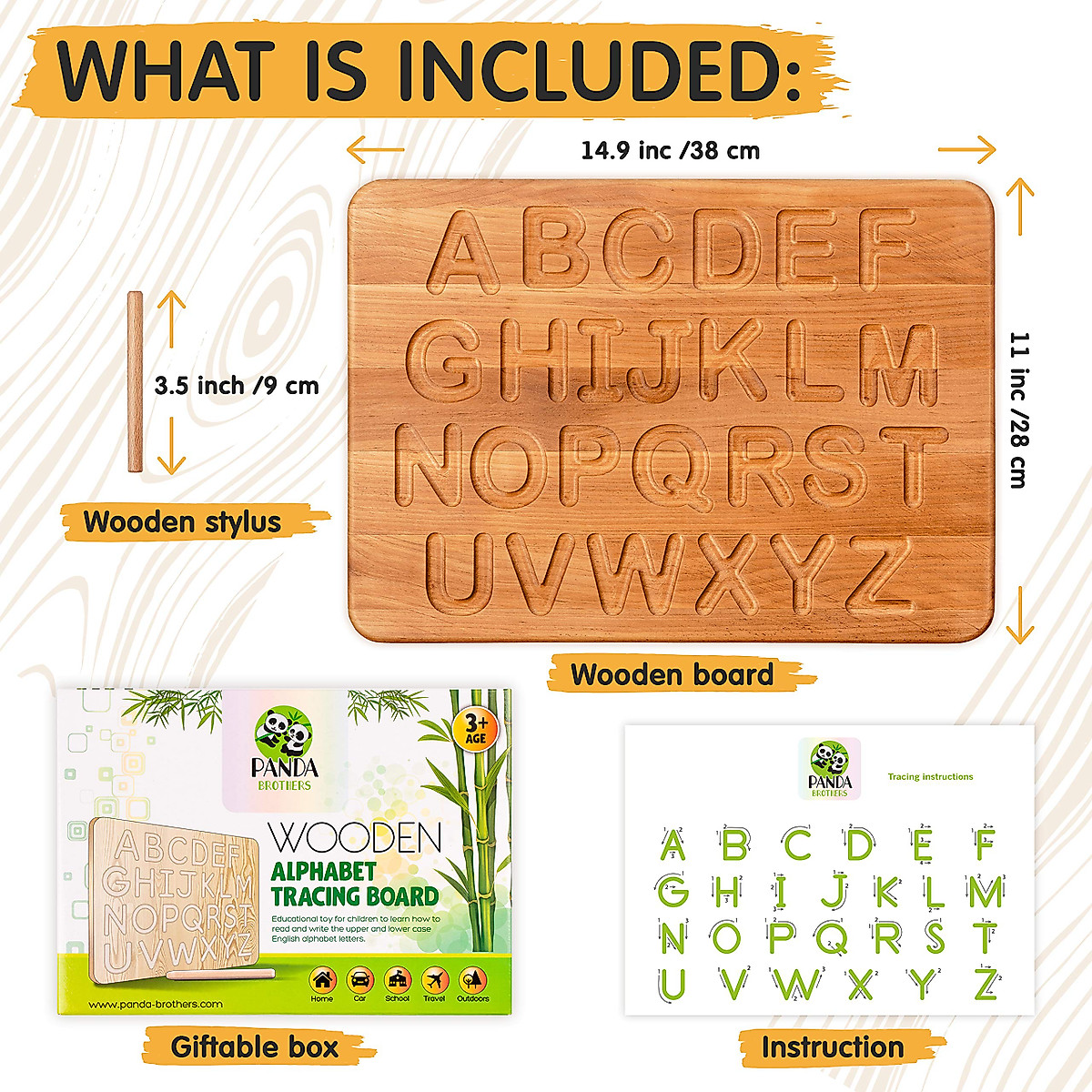 Panda Brothers Wooden Alphabet Tracing Board - Wooden Montessori Toys for 3 4 5 Year Old Kids, Educational Toy for Kids, Reversible Uppercase and Lowercase Letters, Fine Motor Skills Toys, STEM Toys