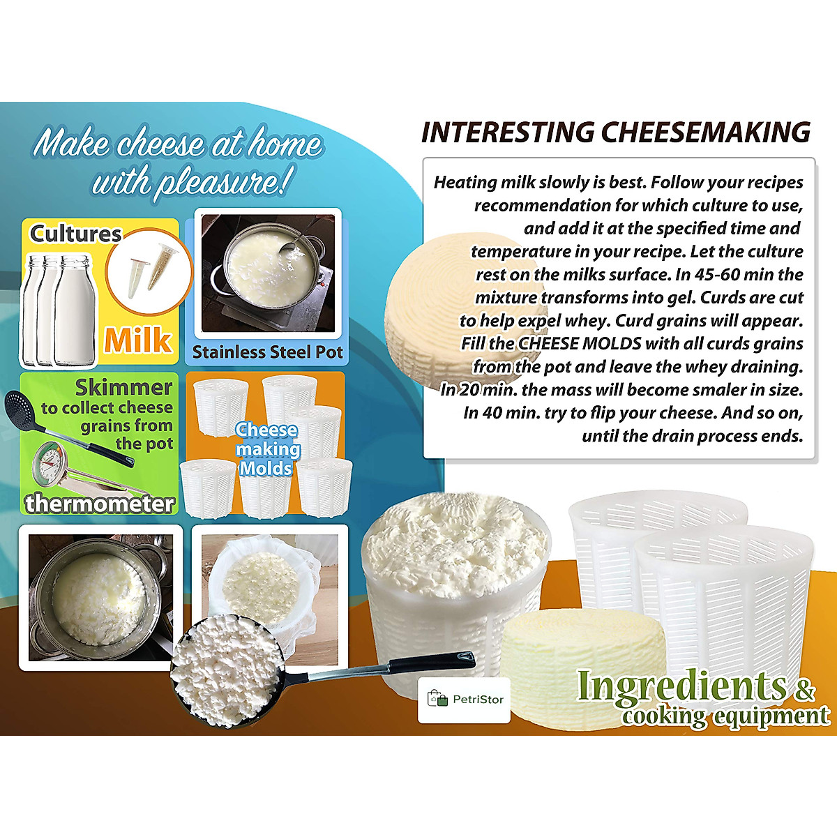 PetriStor 6 Pcs Soft Cheese Mold for Cheese Making 1.85QT - Cheese Making Mold - Cream Cheese Form Mold - Homemade Cheese Making Supplies - Molde Para Queso Fresco Casero - Feta Cheese Making Basket