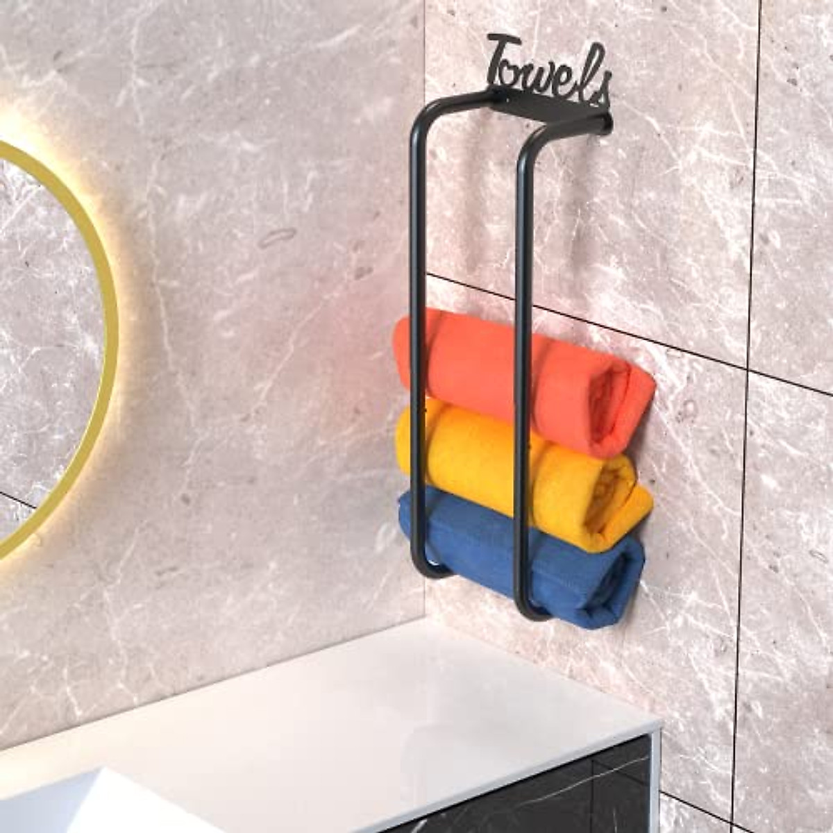 Towel Rack Wall Mounted,Wall Towel Rack for Rolled Towels,Washcloths Bathrobe Storage Shelf Organizer Hand Towels Holder for Bathroom Cloakroom - Black