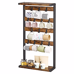 Homeiju 14-Hook Large Coffee Mug Holder for Countertop/Wall Mounted,4 Tier Coffee Cup Holder with Top & Bottom Storage Shelf,Adjustable Hook & Shelves,Mug Tree for Home Bar,Coffee Station