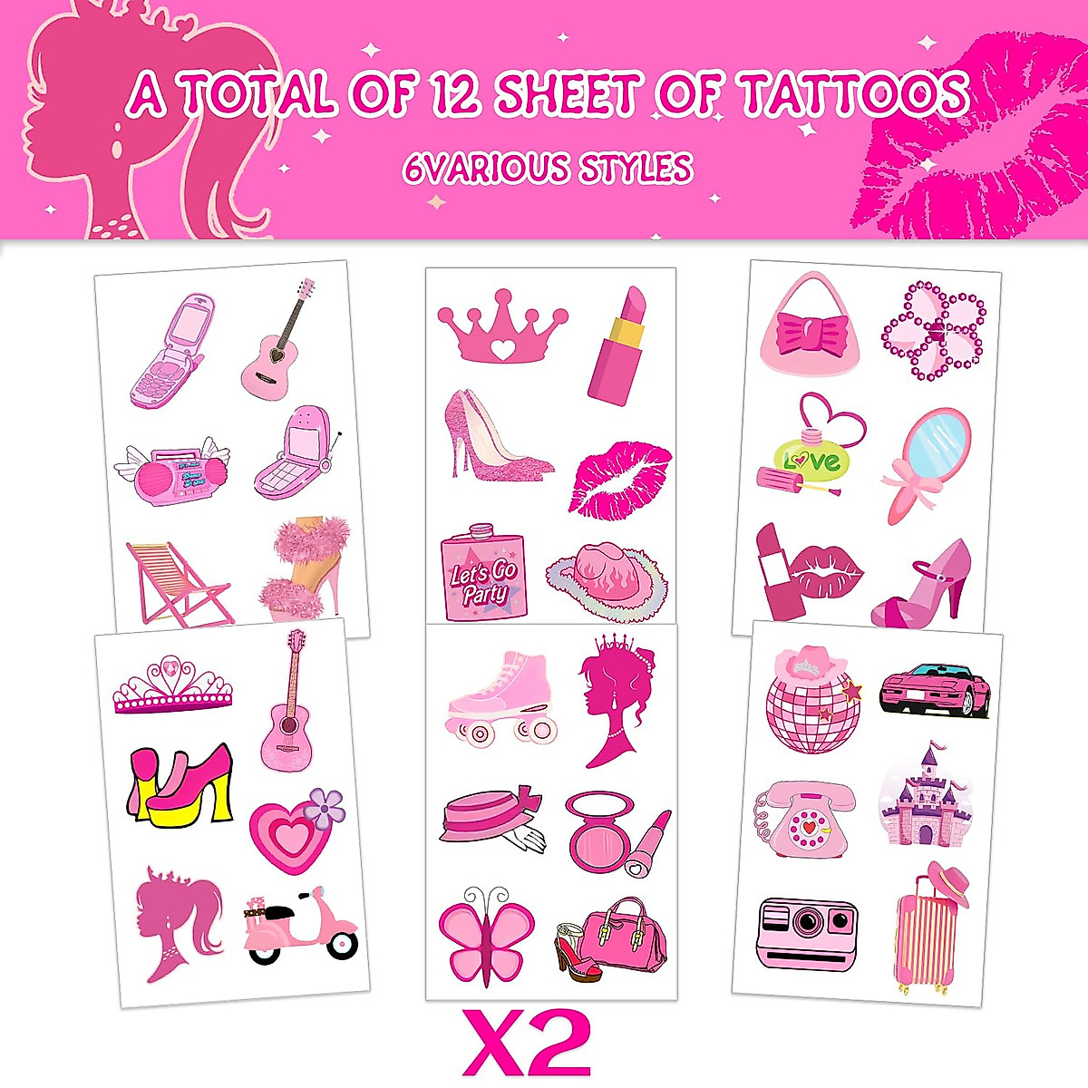 Pink Temporary Tattoos Hot Pink Princess Birthday Party Decorations Favors Pink Tattoos for Kids Girls Woman Adult Pink Birthday Party Supplies