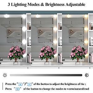 Gyfimoie 39 Inches White Vanity Desk with Lights, 6-Drawers Makeup Vanity Table with Power Strip and Storage Shelves, Dressing Table with Lighted Mirror for Women Girls