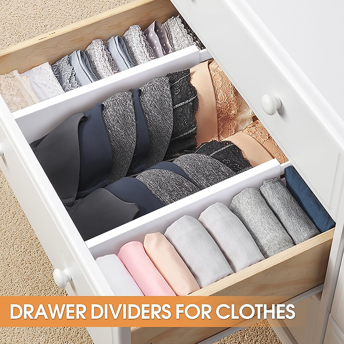 Ryqtop Bamboo Drawer Dividers Organizers, Kitchen Drawer Organizer, Adjustable Drawer Divider for Clothes, Kitchen, Dresser, Bedroom, Bathroom and Office, 4-Pack (White, 12-17 IN)