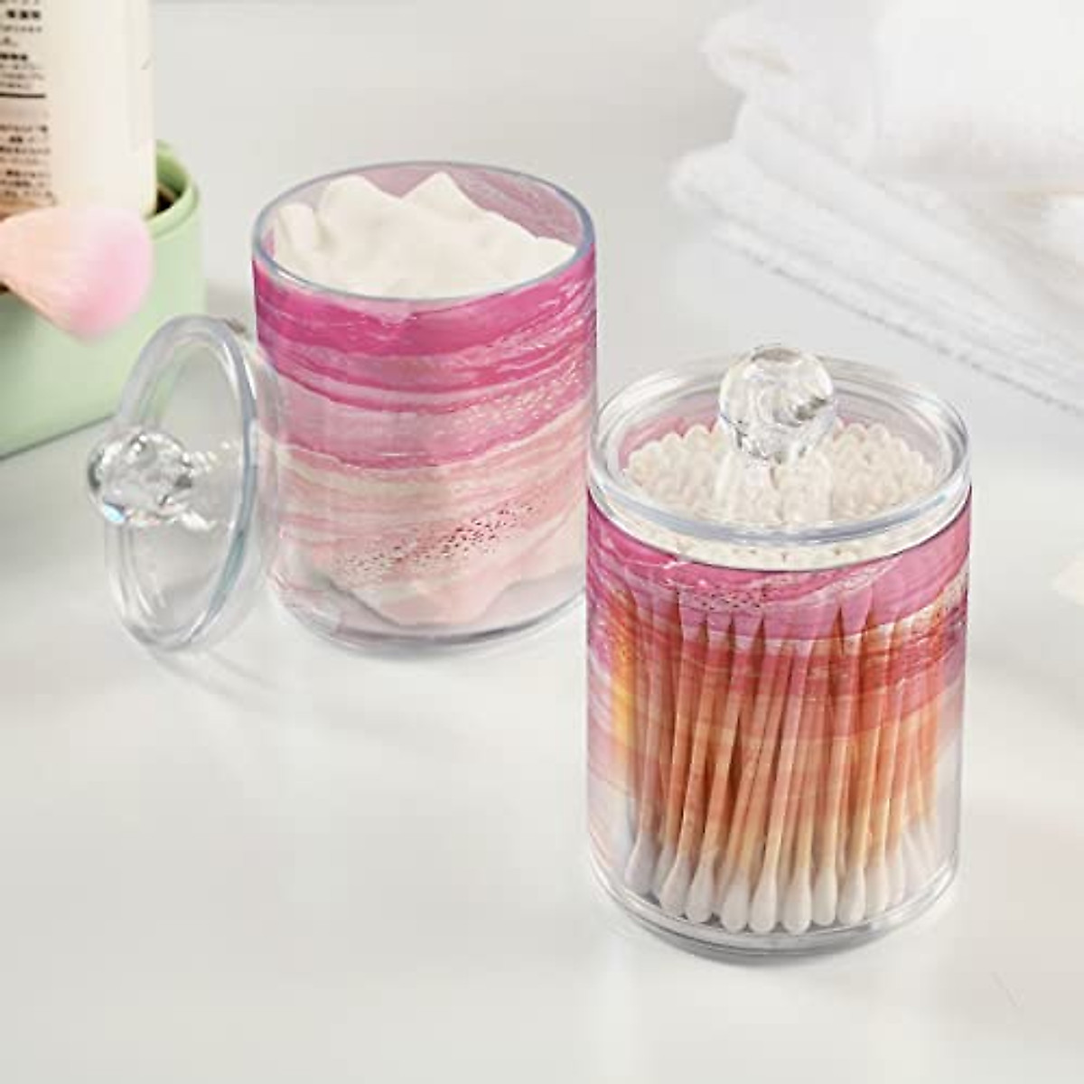 BOENLE 2 Pack Qtip Holder Dispenser Marble Pink Rose Gold Bathroom Storage Canister Lid Acrylic Plastic Apothecary Jar Set Vanity Makeup Organizer for Cotton Swab/Ball/Pad/Floss