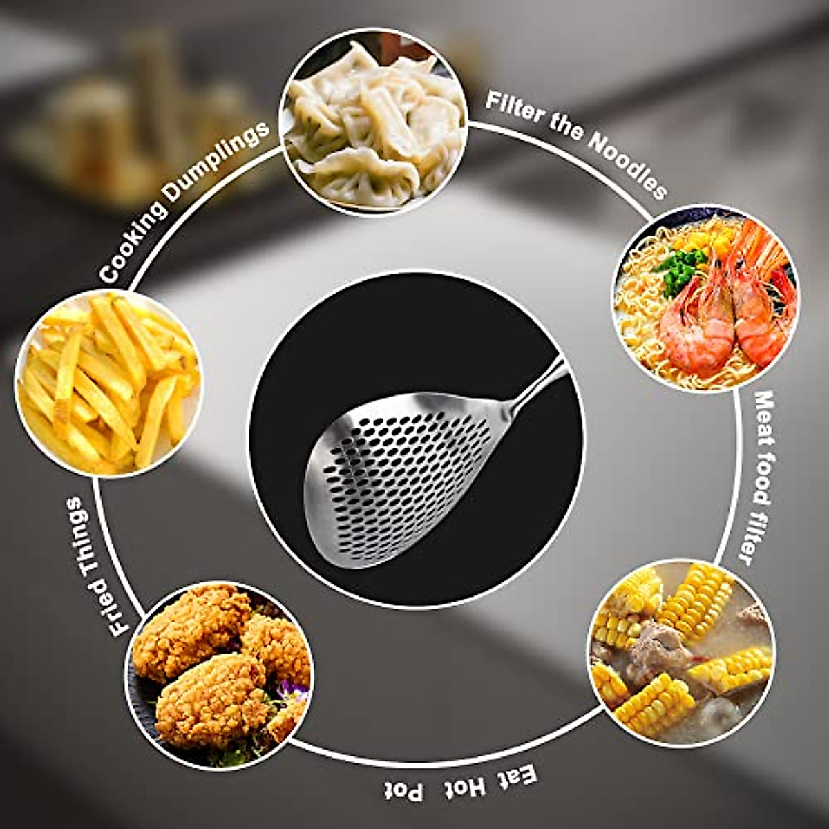 Skimmer Slotted Spoon - YAHAFI 304 Stainless Steel Food Grade Filter Spoon with Comfort Handle and Hanging Holes, Spider Strainer Skimmer for Kitchen Cooking Draining and Frying (15 Inch)