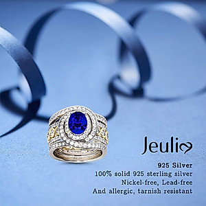 Jeulia Oval Solitaire Engagement Silver Ring: Sterling Bridal Ring Sets Sapphire Blue Cubic Zirconia Wedding Eternity Band with Jewelry Box (Blue, 7)