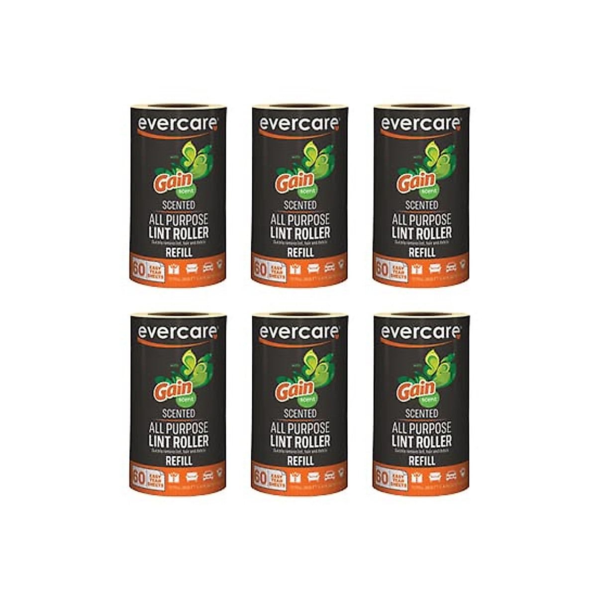 Evercare Pack of 6 Gain Scented All-Purpose Lint Roller Refill Rolls, 60 Sheets Each Multicolor