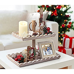 Farmhouse Tiered Tray - 16inch Wooden Rectangle Tray Two Tier Fall Home Decor Tray with Holder - Two Tiered Wood Tray Home Decor Clearance Tiered Tray for Halloween Kitchen Entryway Coffee Bar