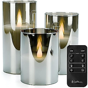 Softflame Flickering Flameless Glass LED Candles with Remote Control, 3D Flame Battery Operated Candles in Real Wax for Indoor Use and Home décor, Set of 3: 3"x4", 3"x5", 3"x6" Gray