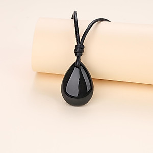 COAI Adjustable Leather Cord Teardrop Black Obsidian Necklace