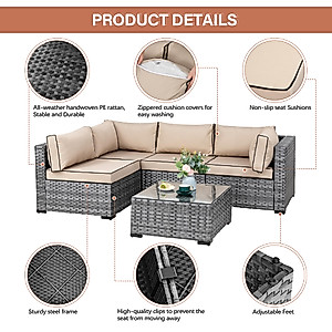 Walsunny Patio Furniture Set, 5 Pieces Outdoor Sectional Sofa Wicker Conversation Sets with Tea Table and Patio Couch Cushions(Khaki)