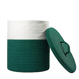 Yimi's Dream Basket with Lid, Medium Woven Baskets for Storage and Organizing, Small Cotton Rope Basket with Handle for Baby Gifts, Laundry, Toy (12''D * 13.5''H, Green & White)