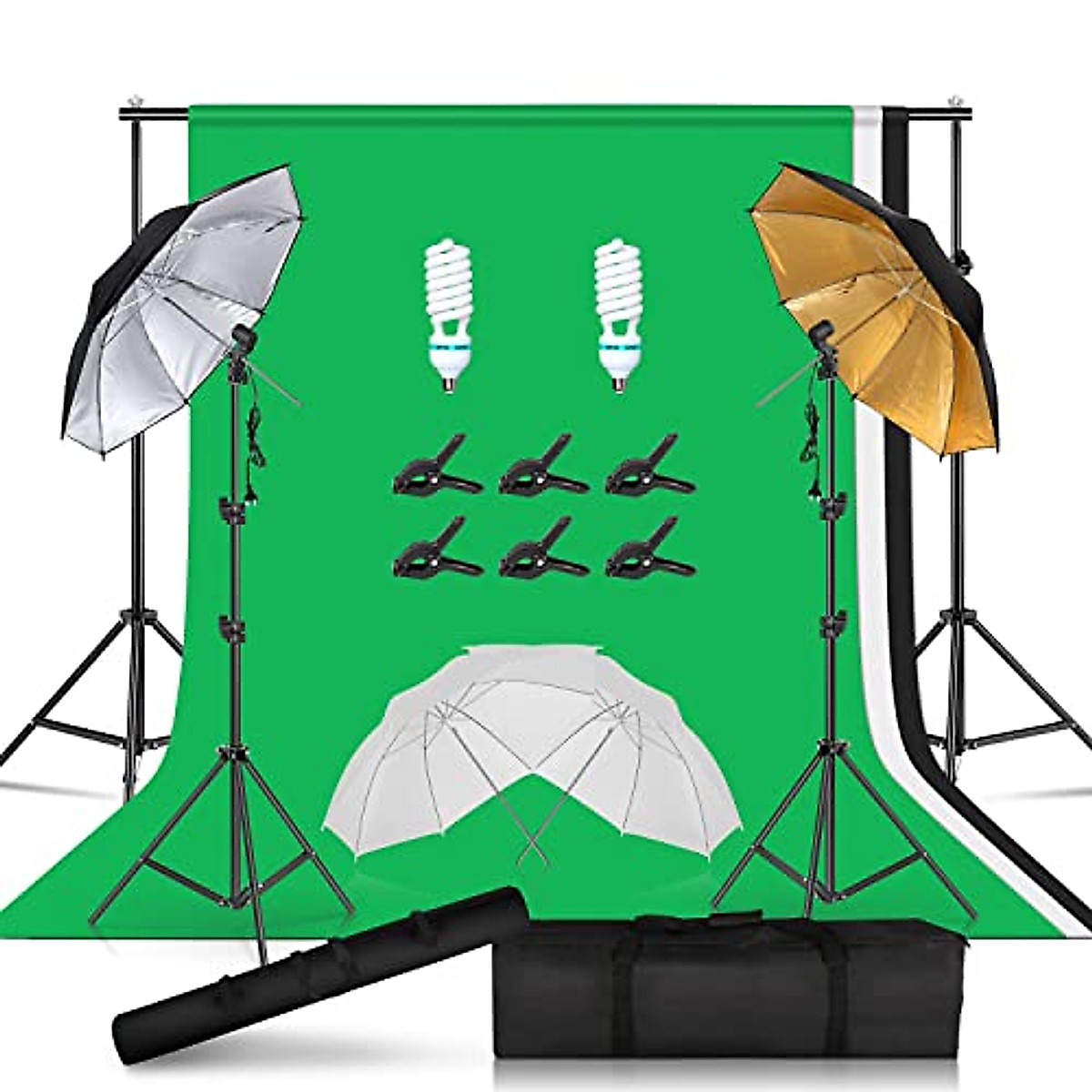 Walk Fly Photography Umbrella Lighting Kit, 6 x 9FT Muslin Screen Backdrop Continous Lighting Umbrella Equipment, 7 x 10FT Background Stand Support System for Studio Photo Portrait Video Shooting