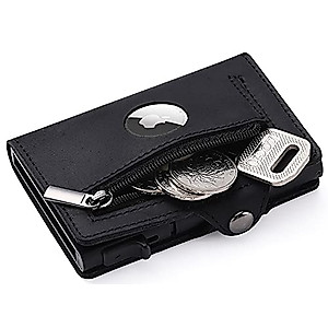 TNE Airtag Wallet (Airtag not Included) Genuine Leather Credit Card Money Holder Automatic Pop Up Mini Aluminum Wallet with Zipper Coin Pocket | Airtag Case Men or Women Air Tag Cover (Black)
