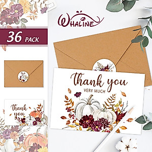 Whaline 36 Pack Fall Thank You Card Watercolor Floral Pumpkin Leaves Greeting Cards with Envelope Sticker Blank Note Cards for Autumn Thanksgiving Wedding, 4 x 6 Inch