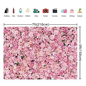BINQOO 7x5ft Pink Rose Wall Background Mother Day Pink Flowers Backdrops Spring Tea Party Flowers Backdrop Girls Birthday Pink Princess Weeding Bridal Shower Pink Floral Anniversary Ceremony Decor